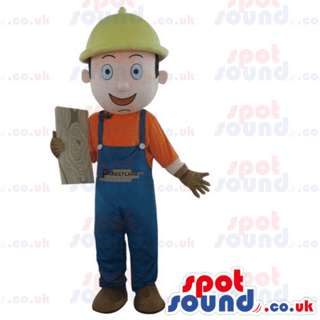 Cartoon Boy SPOTSOUND Mascot Wearing Overalls And A Helmet With A Logo ...