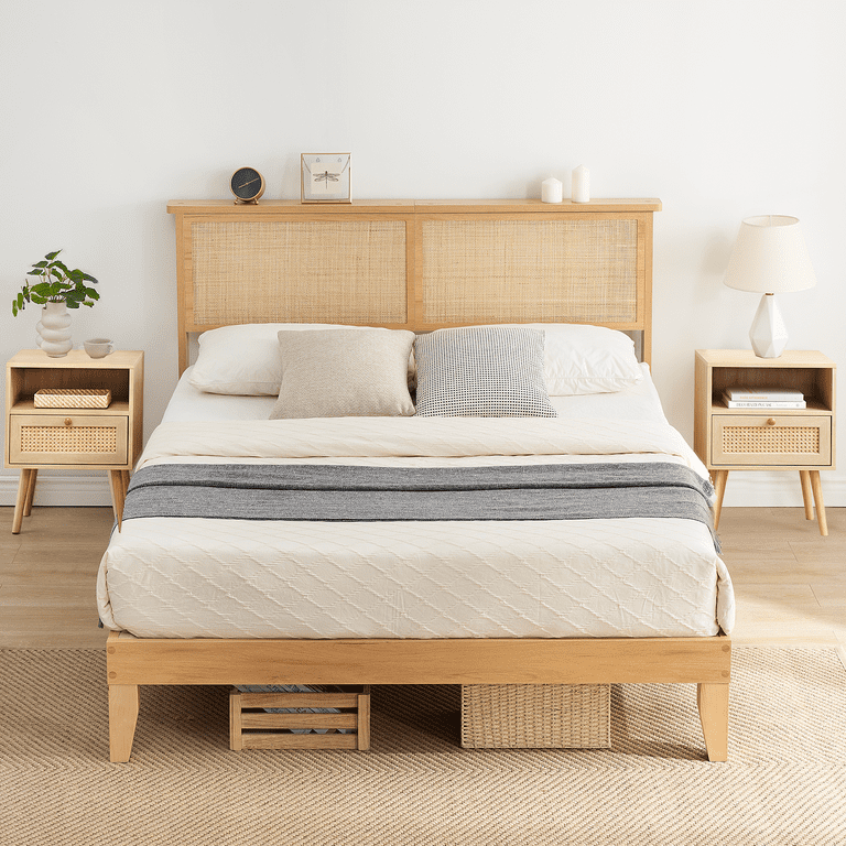 Wooden Plank Double Bed Woven Straw Square Bed LED Wooden Platform Bed Frame with Headboard Mattress Base Wooden Slat Support No Box Spring