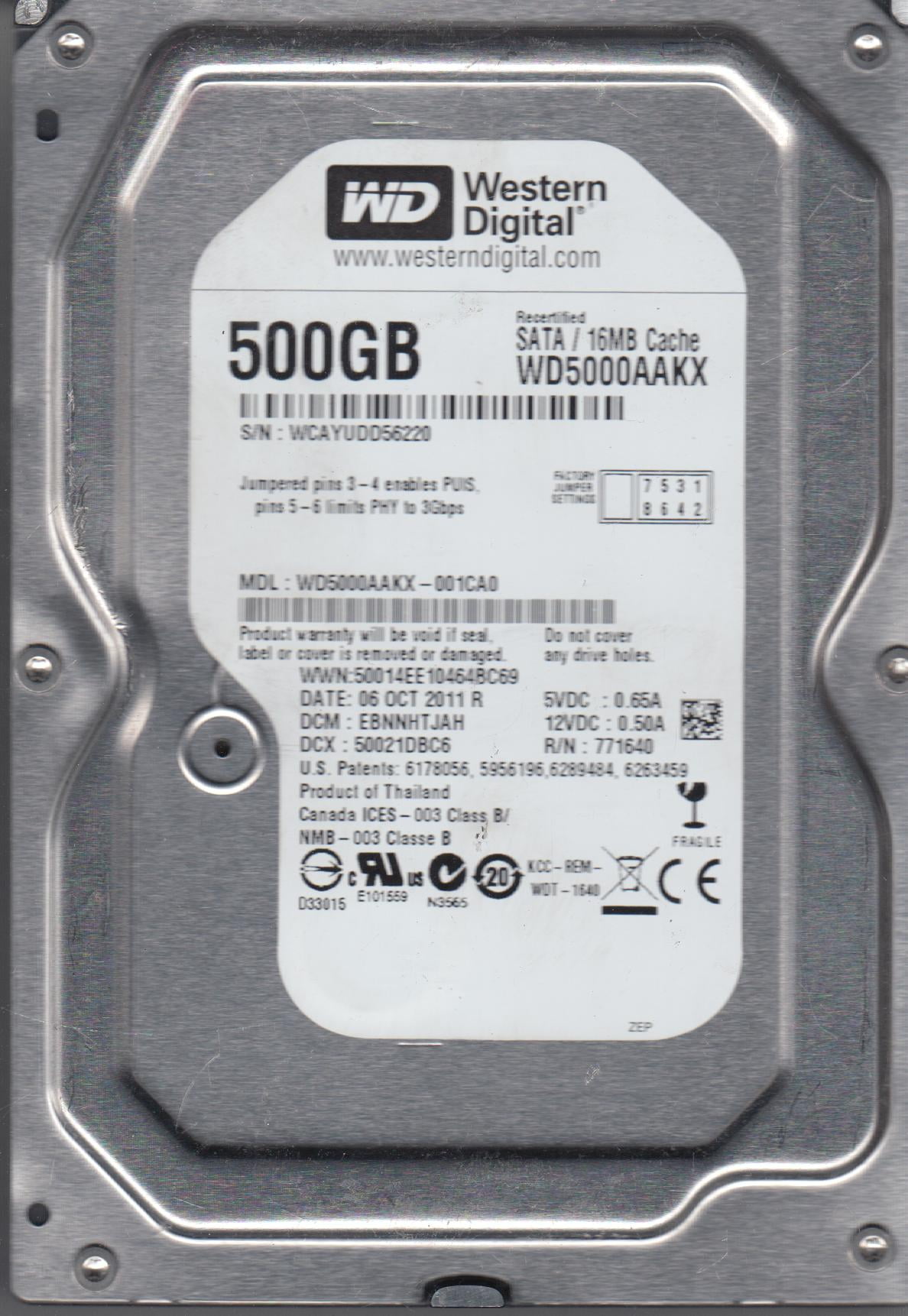 WD5000AAKX-001CA0, DCM EBNNHTJAH, Western Digital 500GB SATA 3.5 Hard ...
