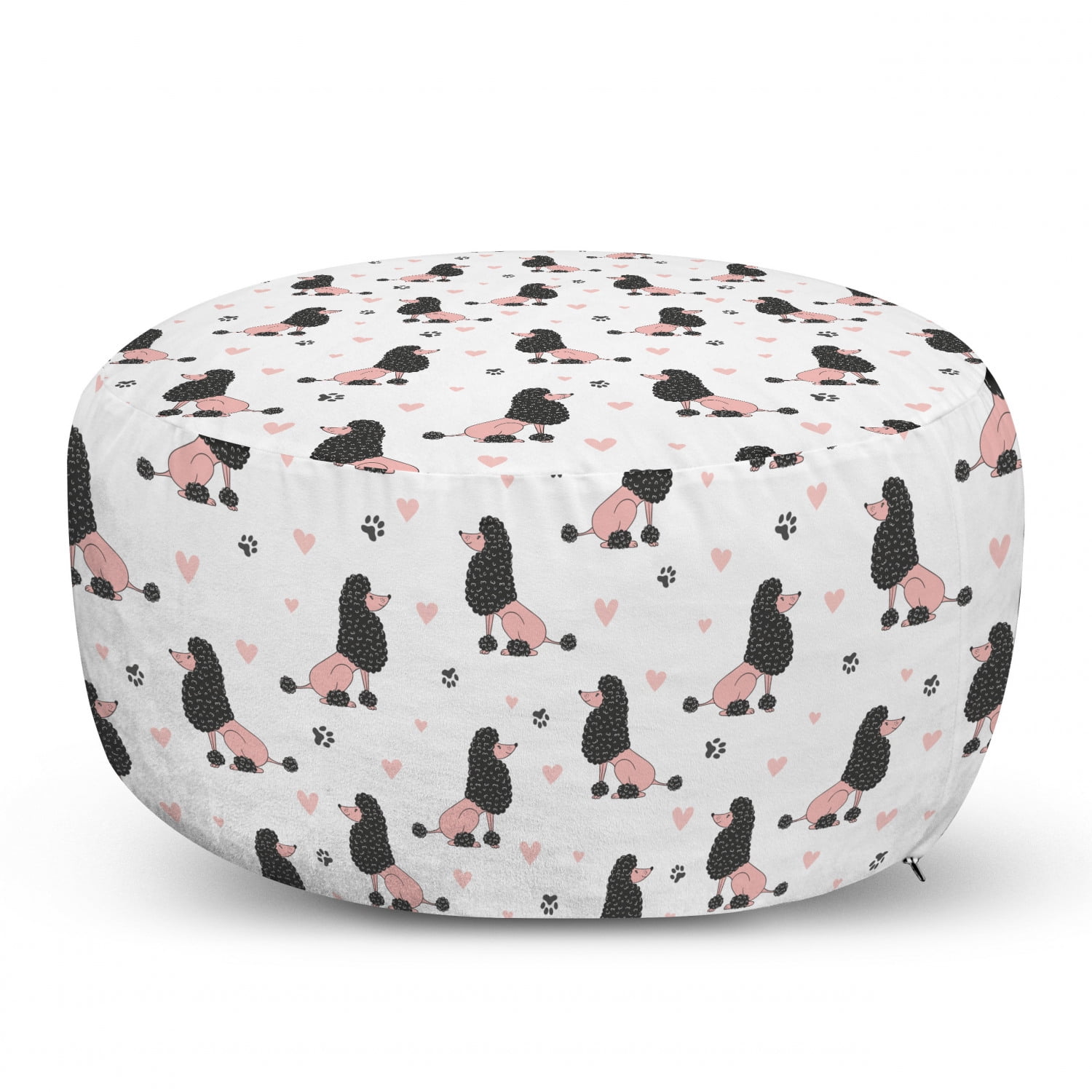 Cartoon Pouf Cover with Zipper, Poodle Dog Paws Hearts Funny Animal ...