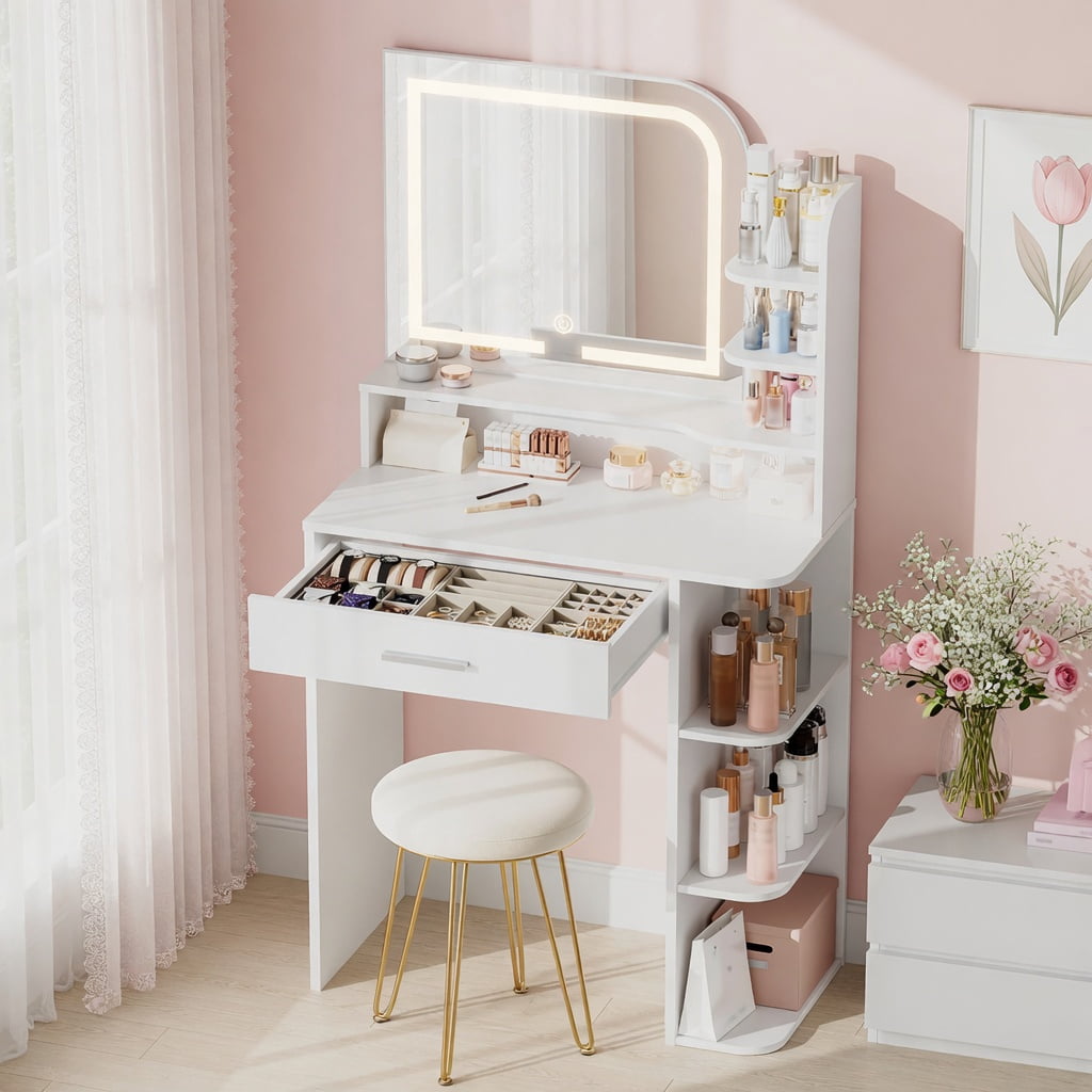 NEORIVER Small Vanity Desk with Mirror and Lights, 26.4" Makeup Vanity ...