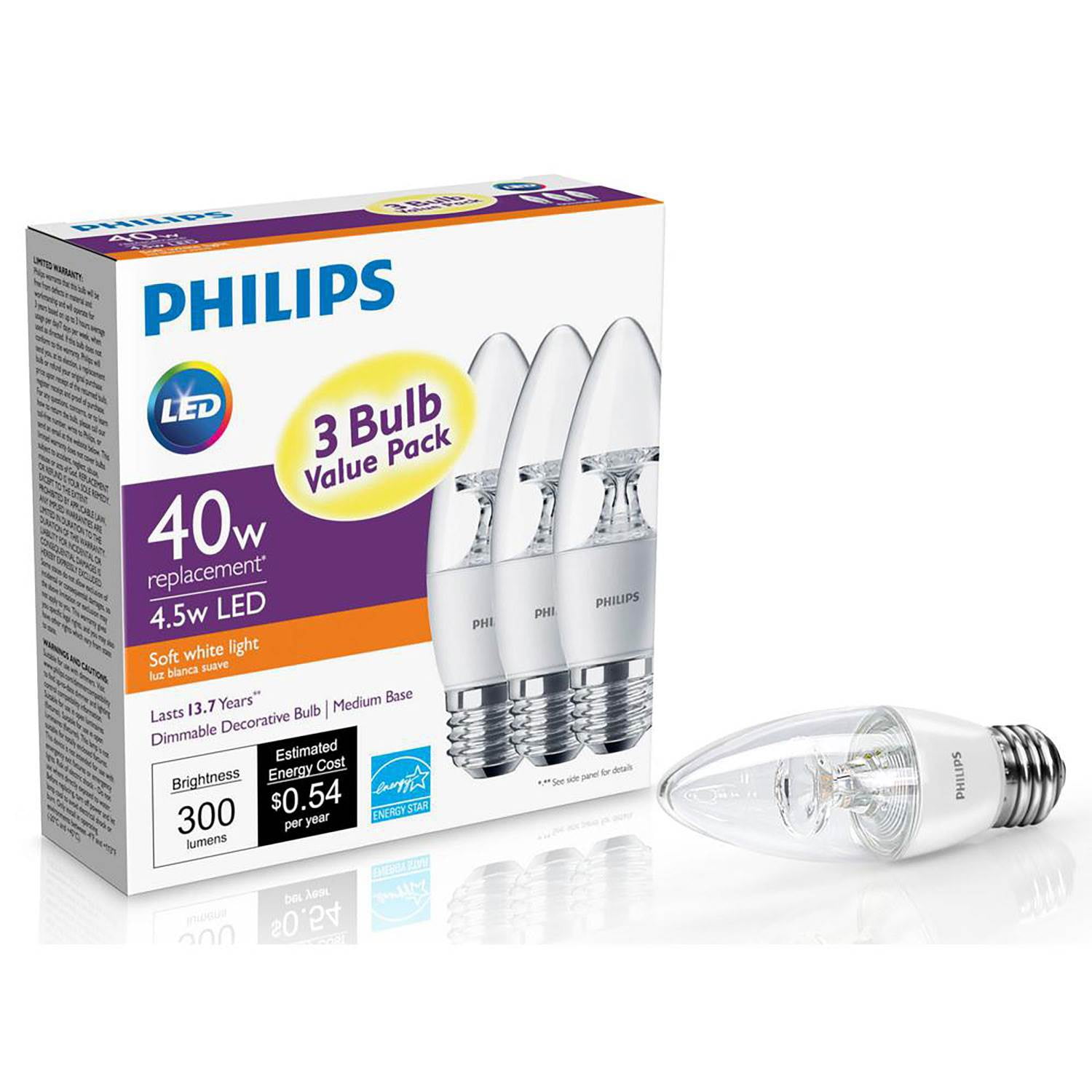 Philips Dimmiable 4.5W B11 E26 120V Replacement LED Light Bulb 3 Pack ...