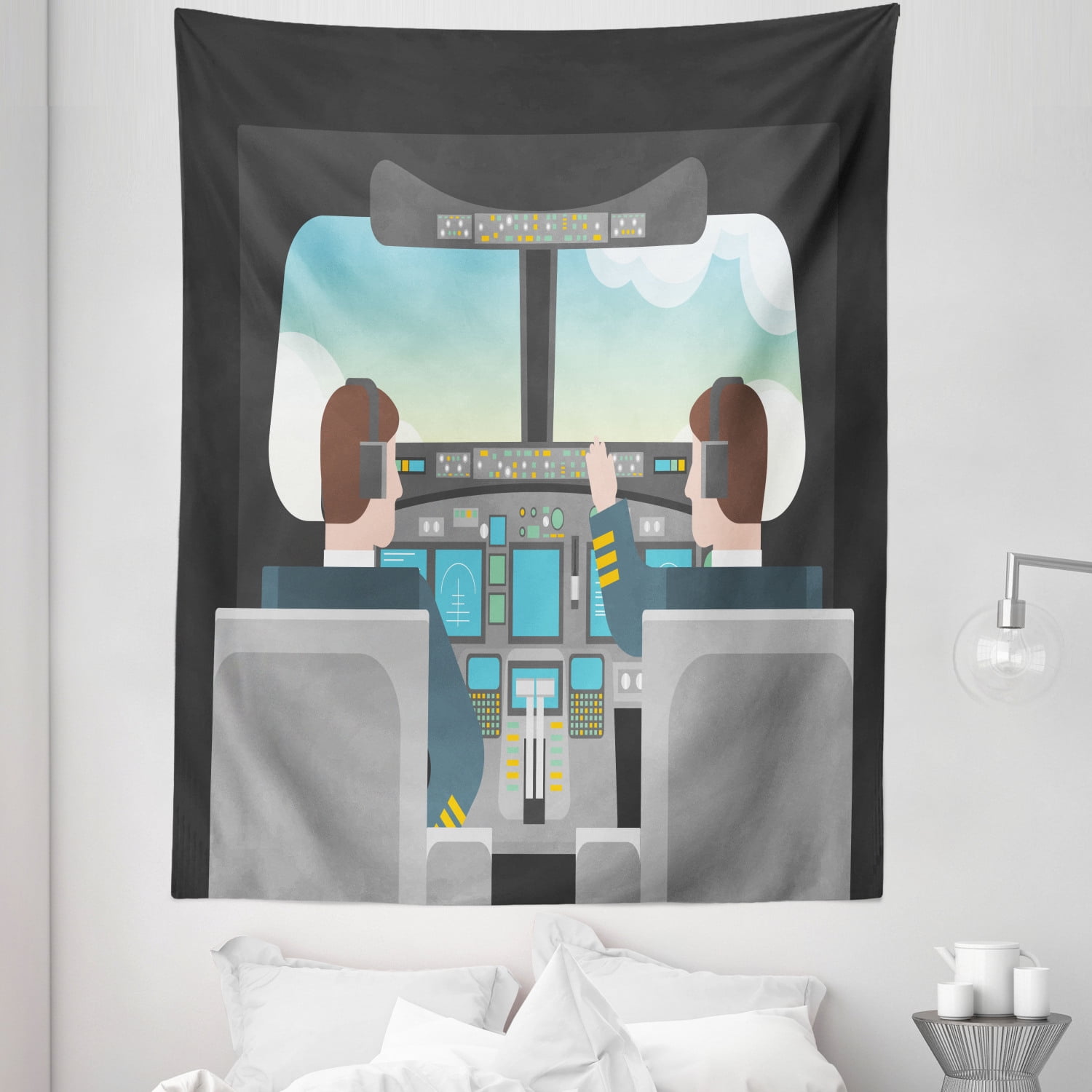 Airplane Cockpit Tapestry, Airline Pilots Controlling and Flying the ...