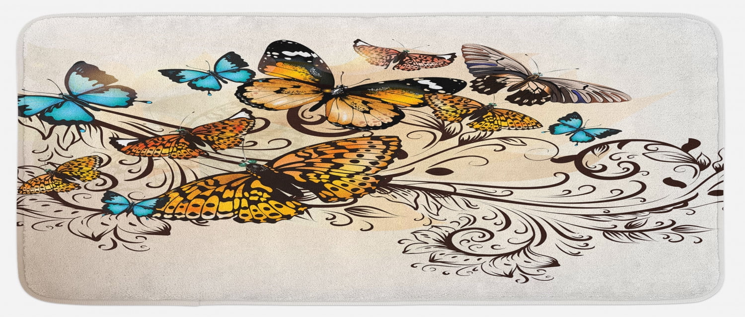 Butterfly Kitchen Mat, Monarch Butterflies Vintage Damask Inspired ...