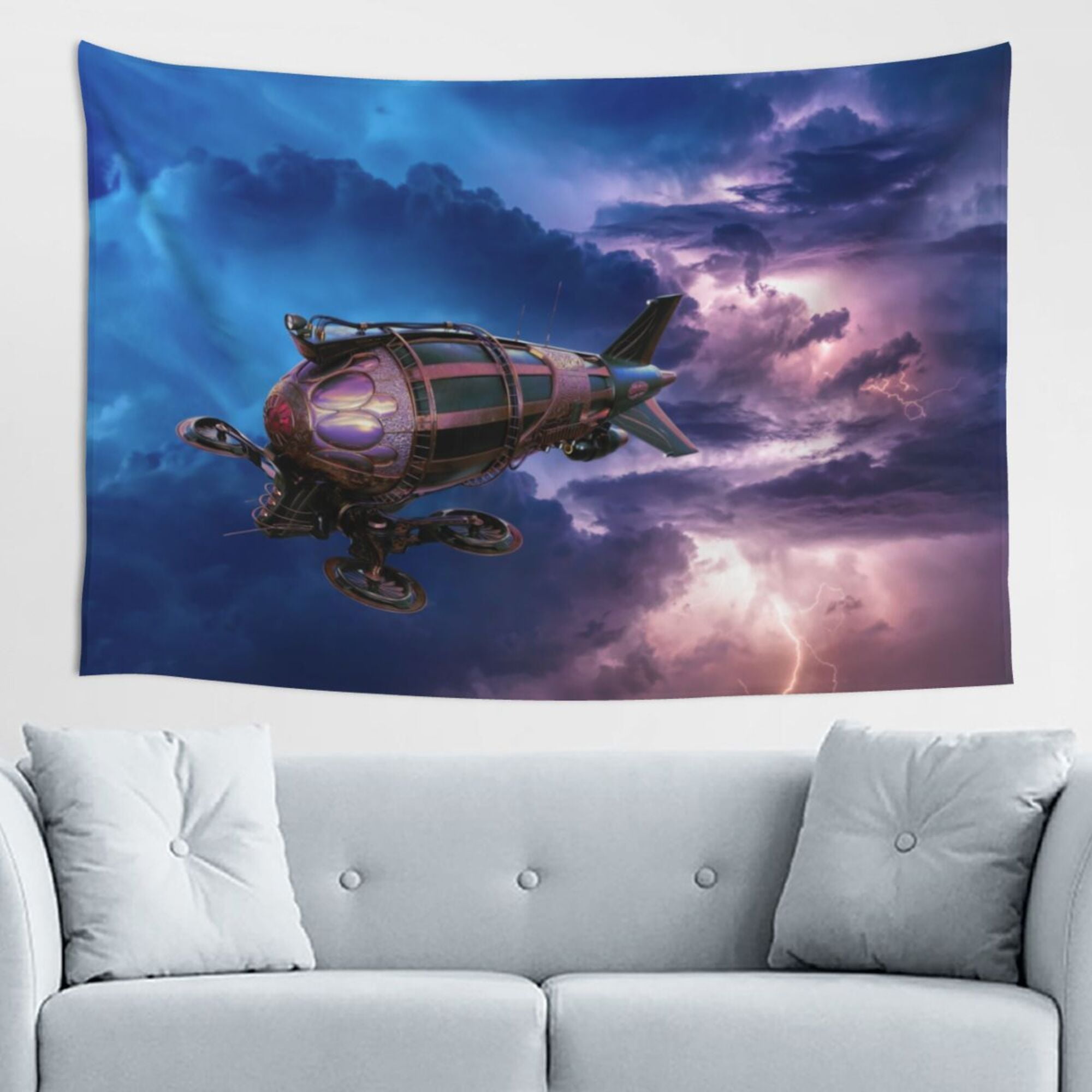 Steampunk Airship Storm Lightning Tapestry, Fantasy Science Fiction ...