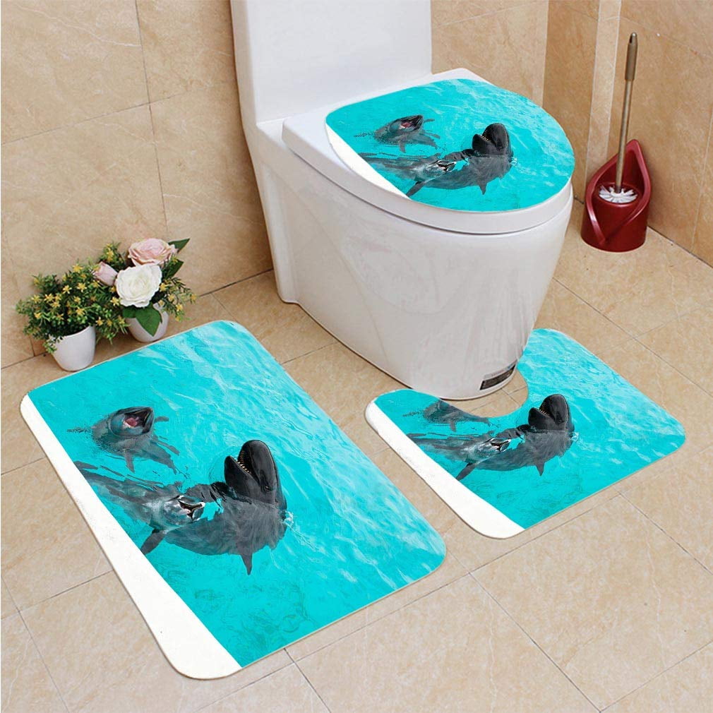 CHAPLLE Dolphin at Aquarium 3 Piece Bathroom Rugs Set Bath Rug Contour ...
