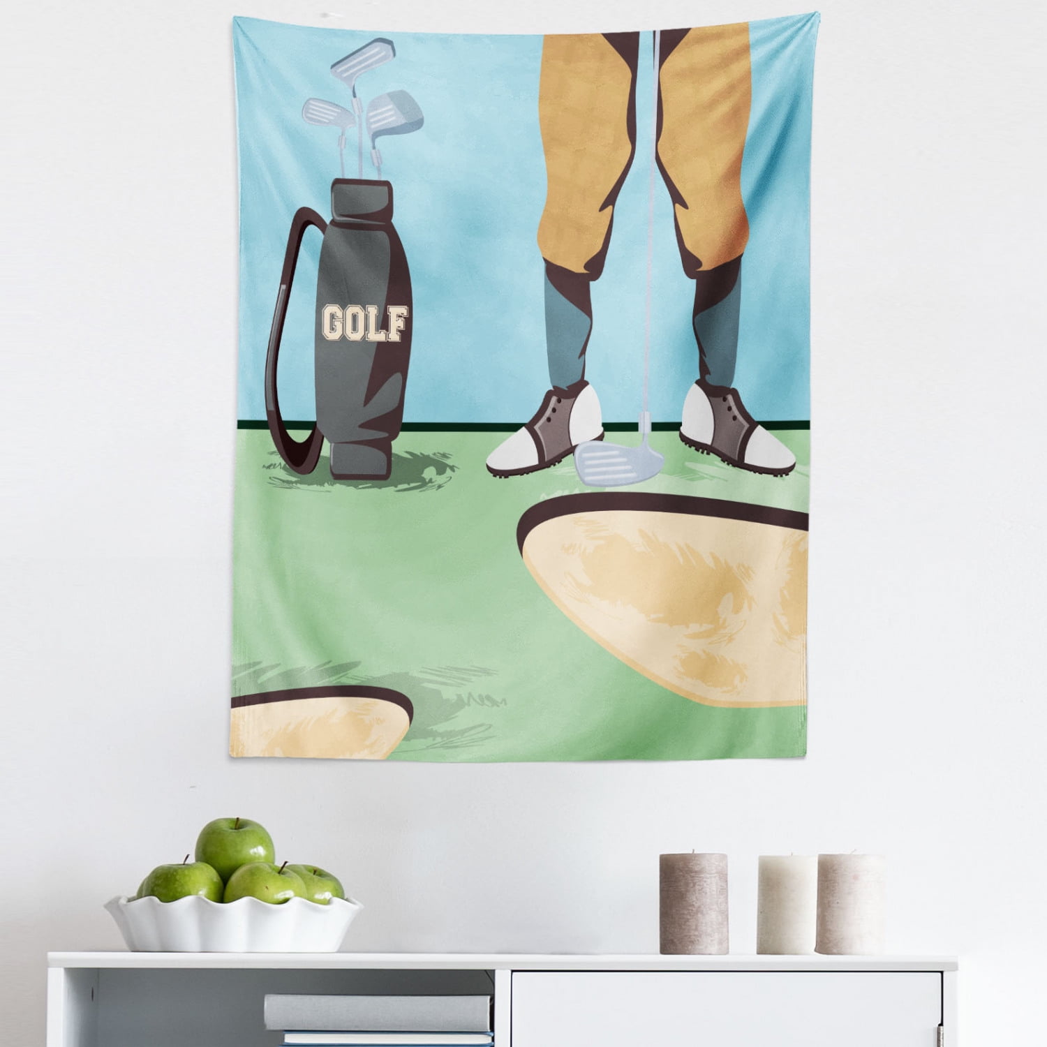 Golf Course Scene Tapestry, Golfer Man Feet with Lofter and Bag Cartoon ...
