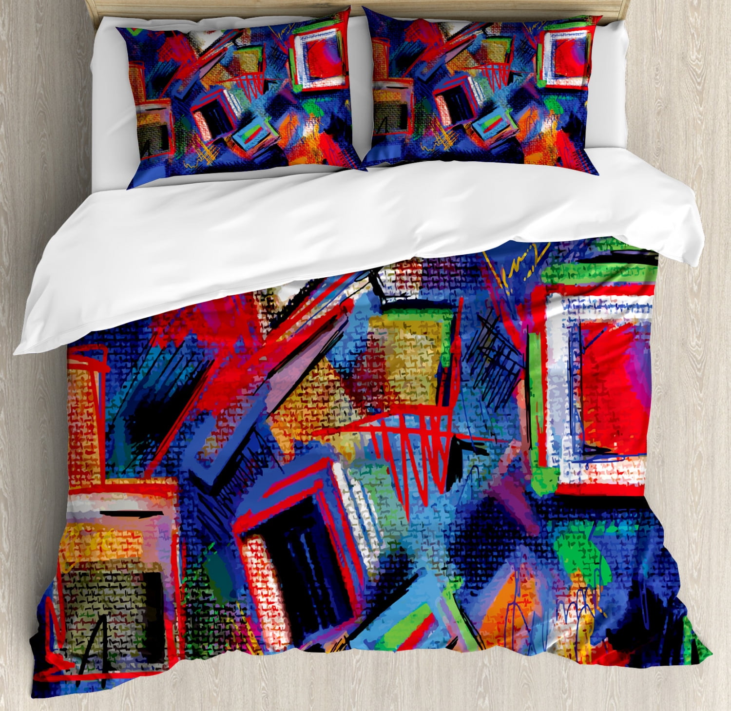 Contemporary Queen Size Duvet Cover Set, Abstract Hand Painted Style ...