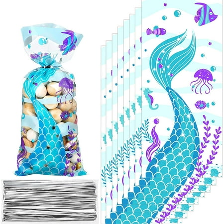 100 Pieces Plastic Mermaid Birthday Party Treat Bags Cellophane Clear ...