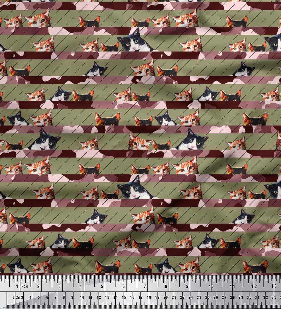 Soimoi Cotton Duck Fabric Diagonal Stripe & Cat Face Animal Print ...