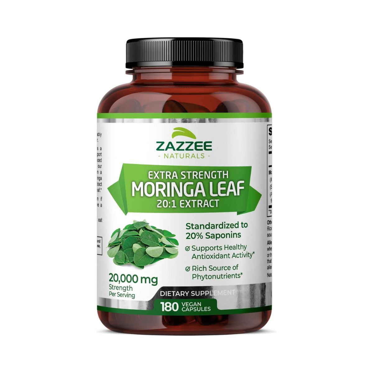 Zazzee Moringa Leaf | 20,000 mg por porción | 180 Cápsulas | Extracto Orgánico 20:1 | Suplemento ...
