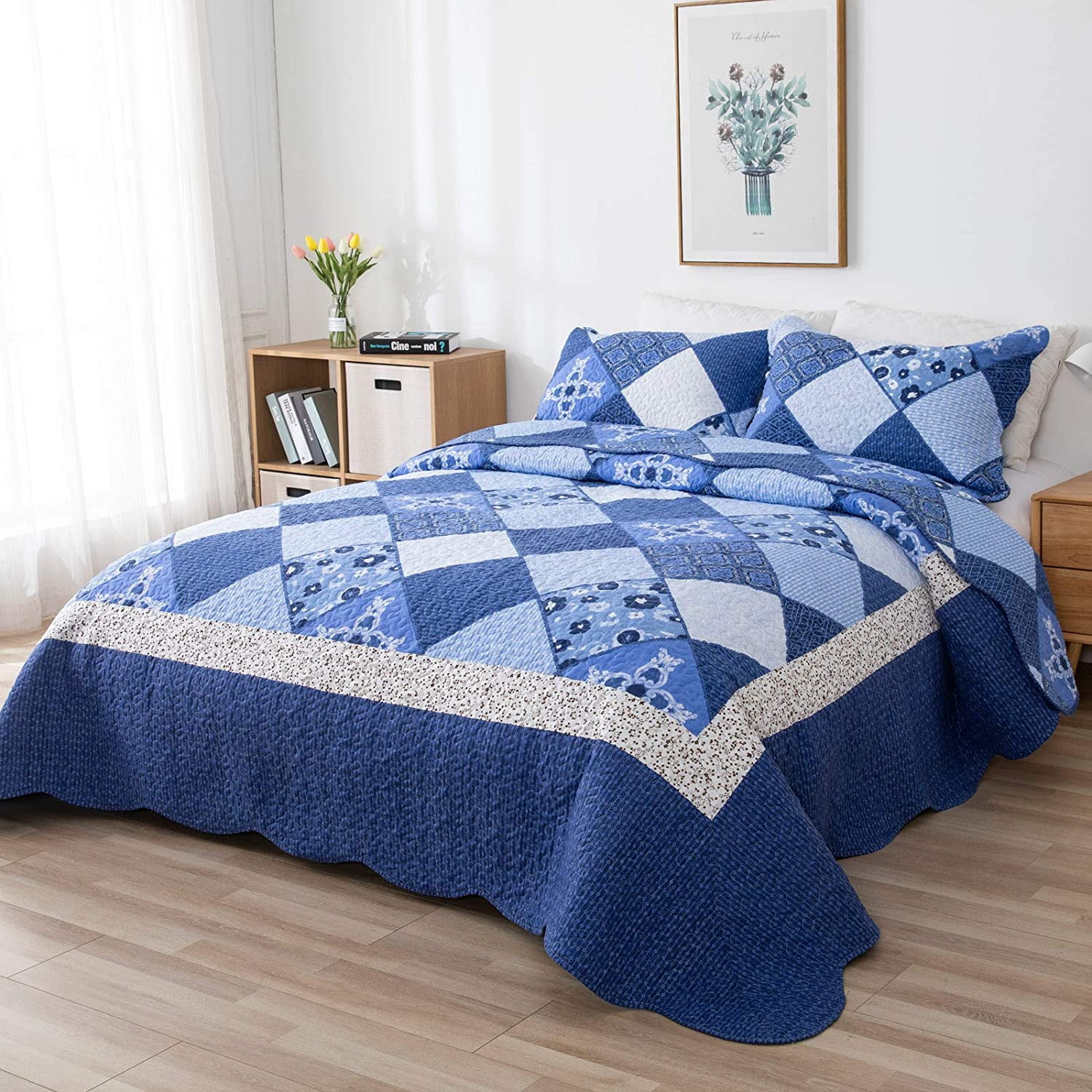 Floral Patchwork Quilt Set 3-Piece Queen Quilted Bedspread Coverlet Set ...
