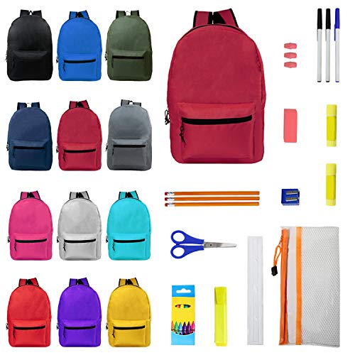 15 Inch Bulk Backpacks in 12 Assorted Colors with 22 Piece School ...