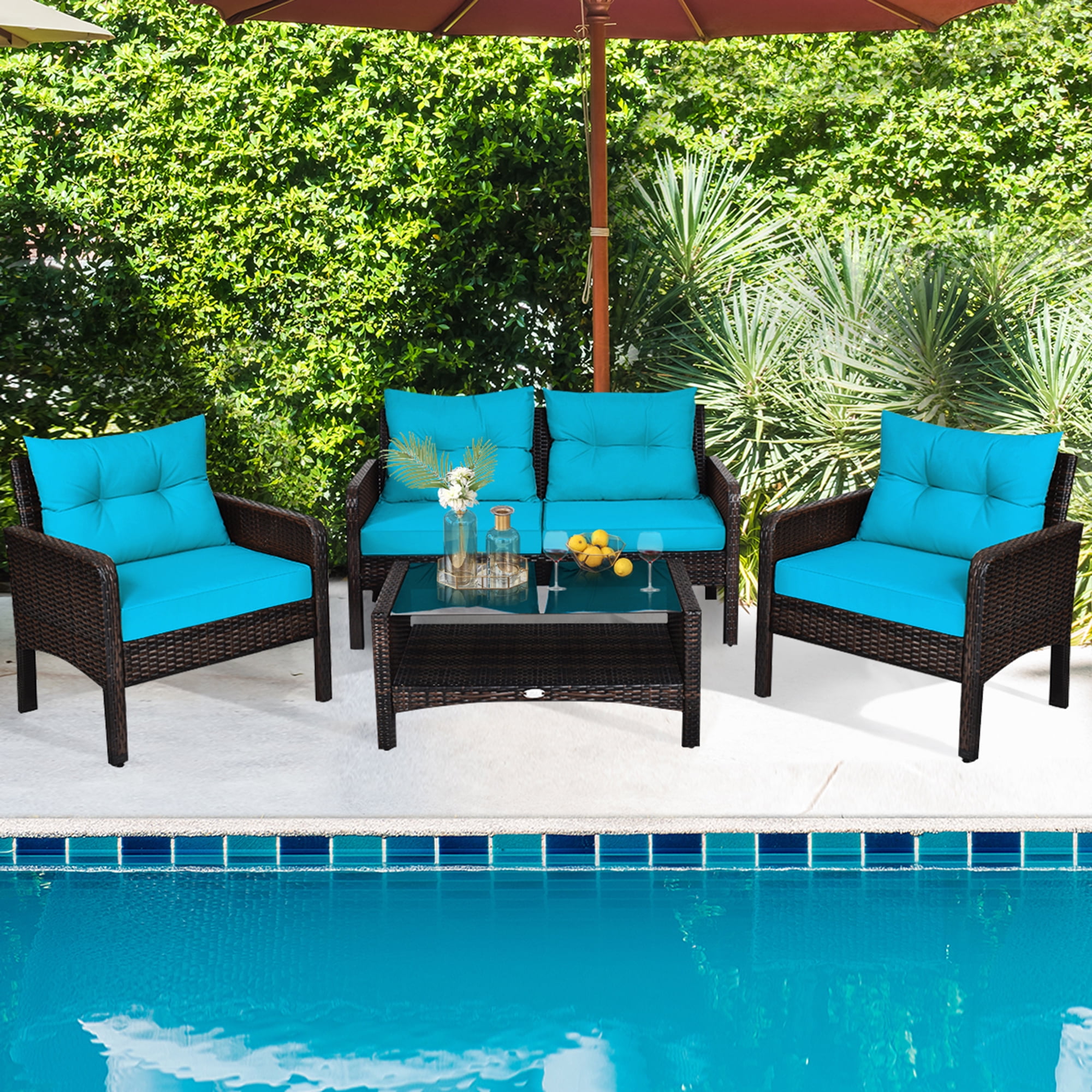 Click here for Gymax 4pcs Rattan Patio Conversation Set Cushioned... prices