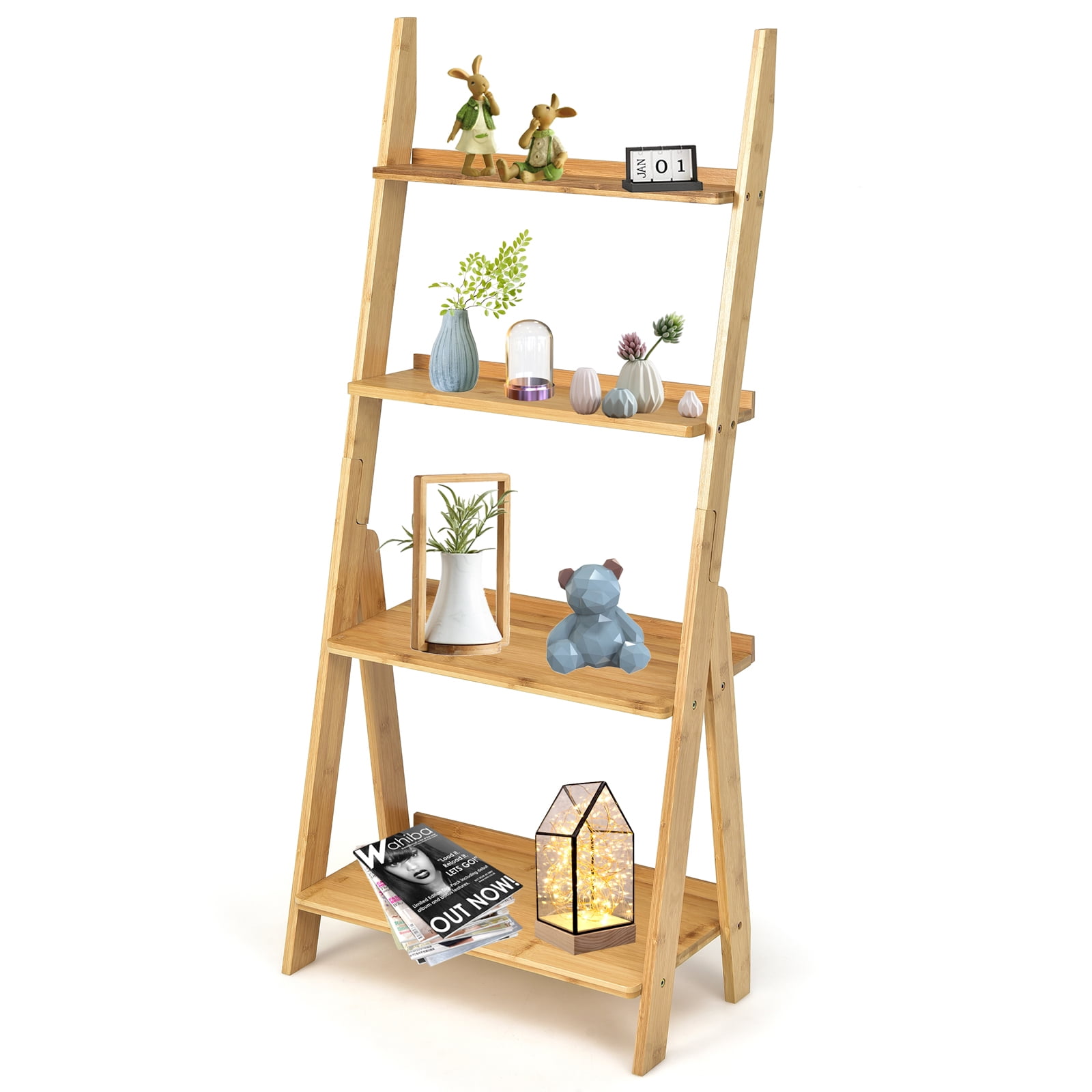 Coelon 4-Tier Ladder Shelf Bamboo Bookshelf for Living Room ...