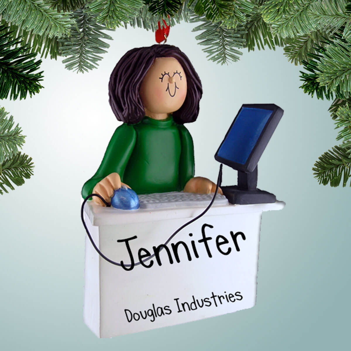 Personalized Computer Worker Female - Brown Hair Christmas Ornament ...