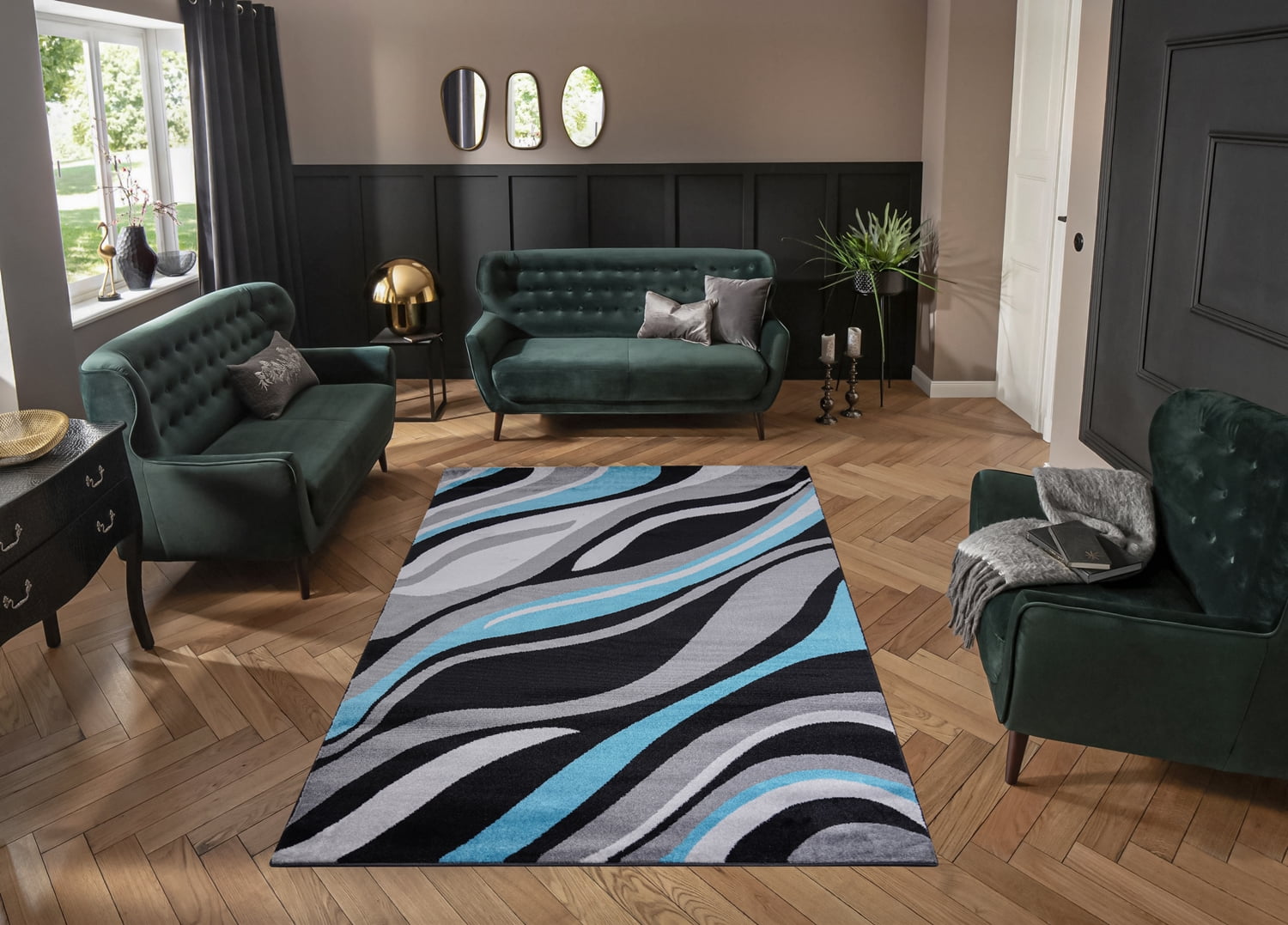 HT Design Rectangular Area Rug for Living Room,1125 Abstract Black/Blue ...