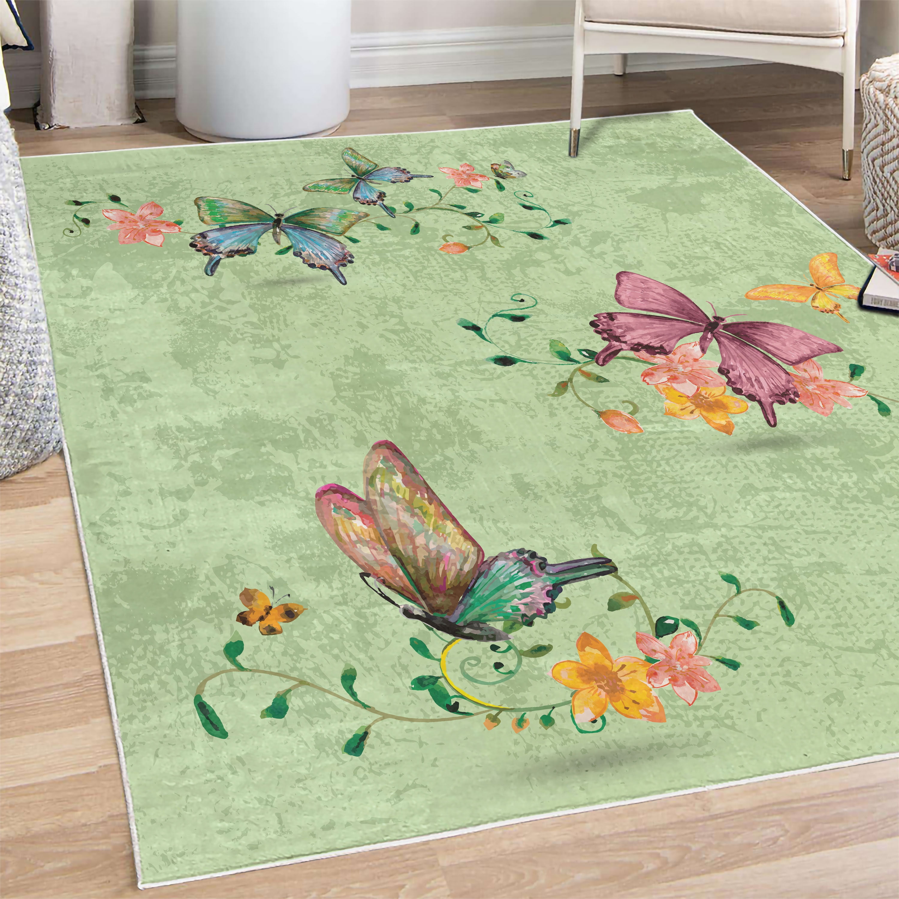 Butterfly Decorative Rug, Springtime Flying Moths on Vintage Style ...