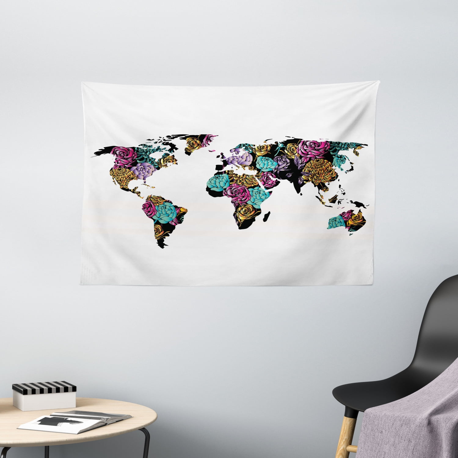 Earth Tapestry, World Map with Elegance Rose Flowered Continents Shabby ...