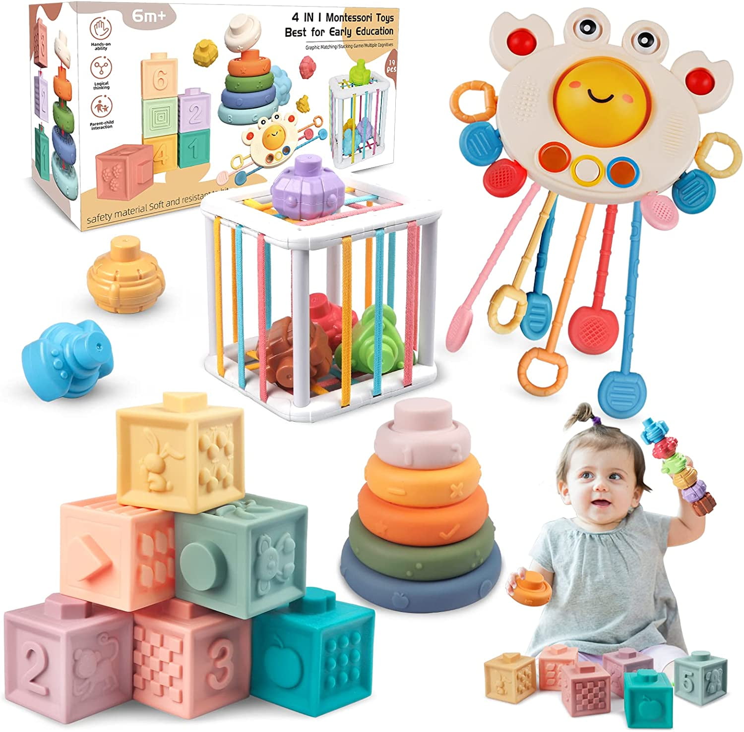 Montessori Baby Toys for 6-18 Months Pull String Teether Stacking ...