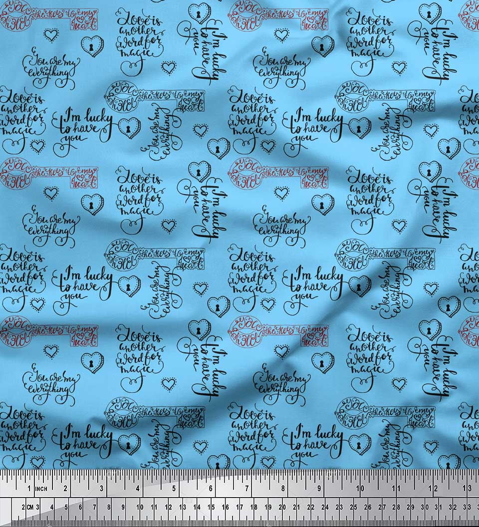 Soimoi Blue polyester Crepe Fabric Positive Quotes & Heart Text Print ...