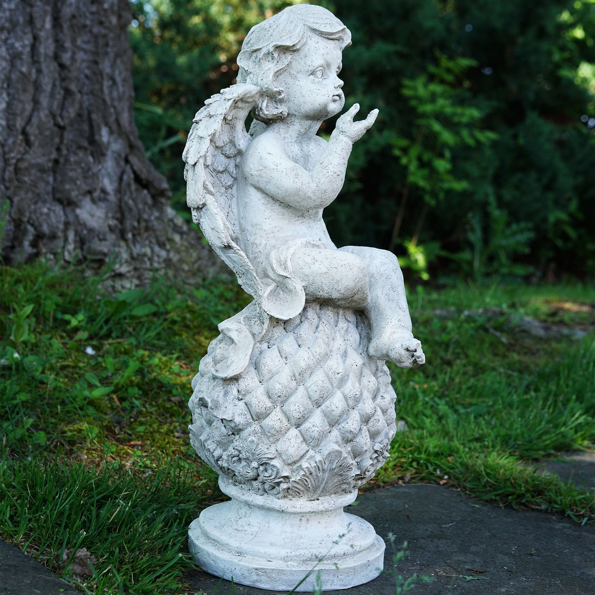 18" Cherub Angel Sitting on Finial Blowing a Kiss Outdoor Garden Statue ...