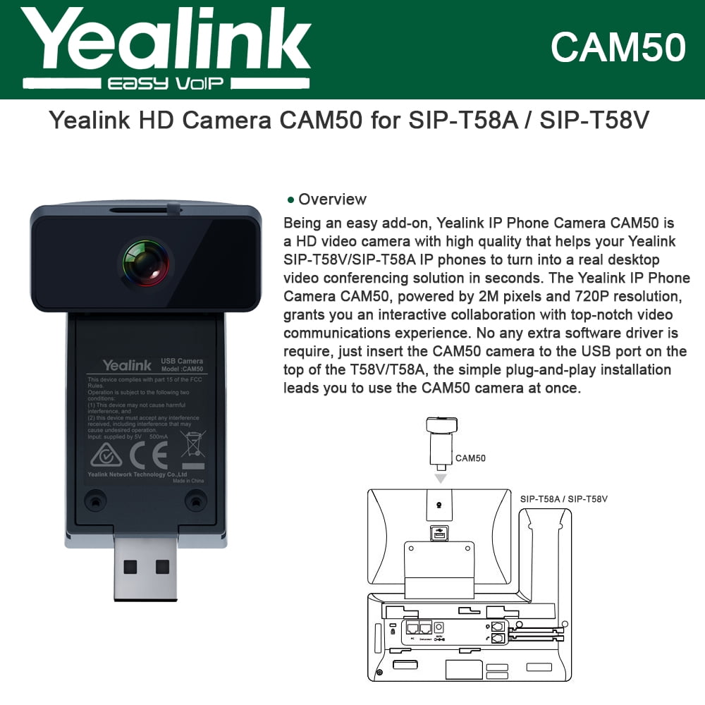 Yealink CAM50 HD Camera for SIP-T58V / SIP-T58A, 2 mega-pixel, plug and ...