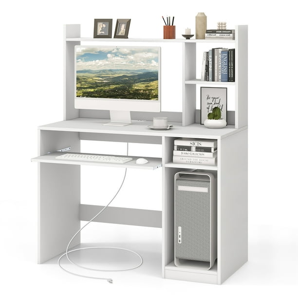 Gymax Computer Desk w/ Charging Station & Hutch Home Office Study ...