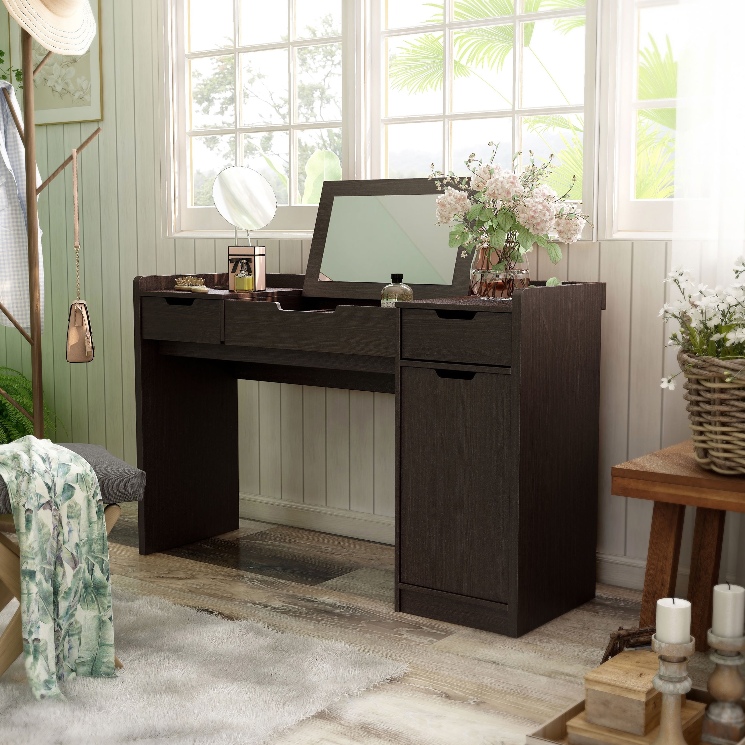 Elm Wood Makeup Vanity Table with Flip-Top Mirror, Espresso - Walmart.com