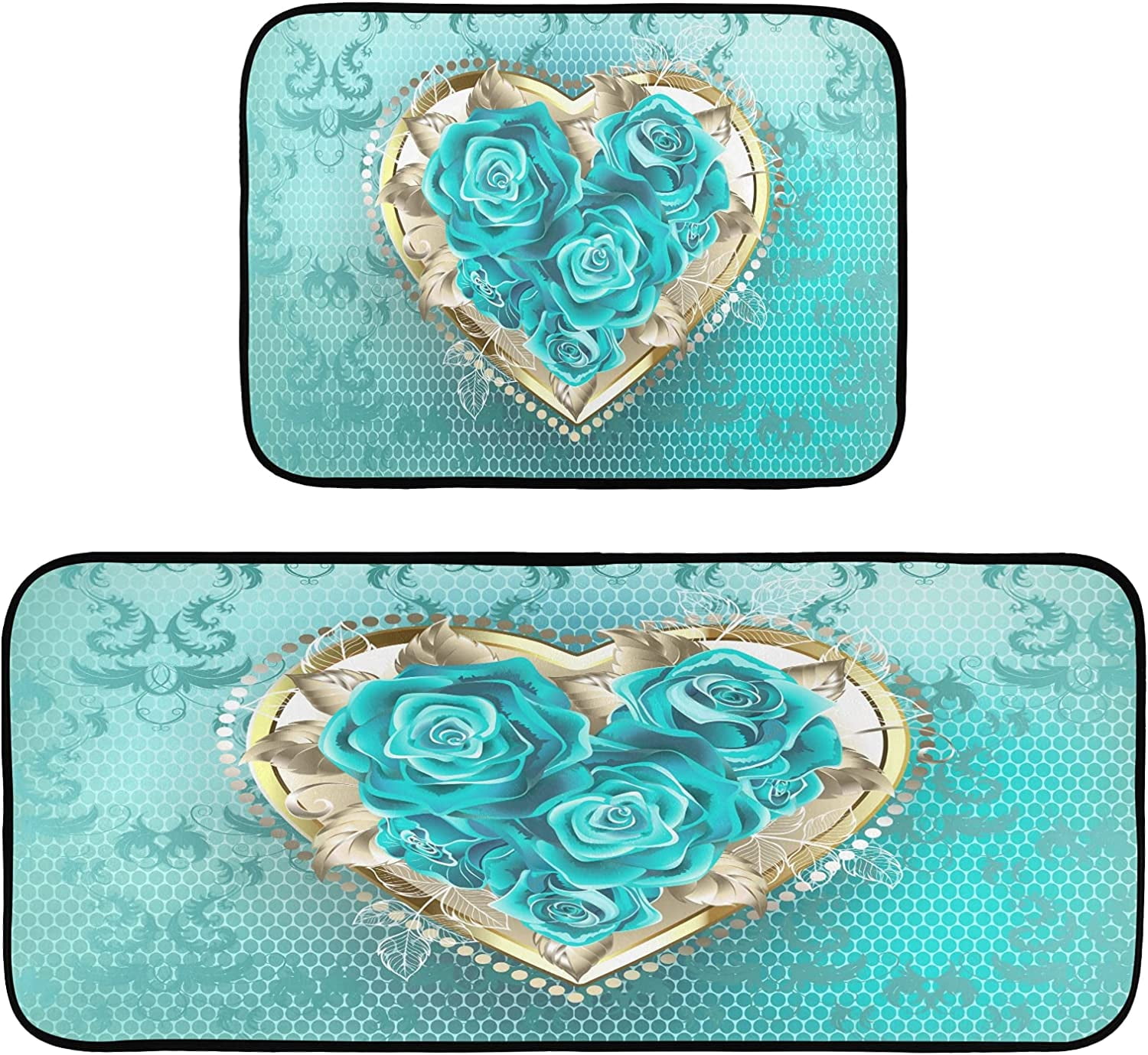 Turquoise Roses Kitchen Mats Flowers Green Teal Kitchen Rugs Runner ...