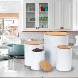 White Kitchen Canisters Set with Wooden Lids, Airtight Sugar, Flour ...