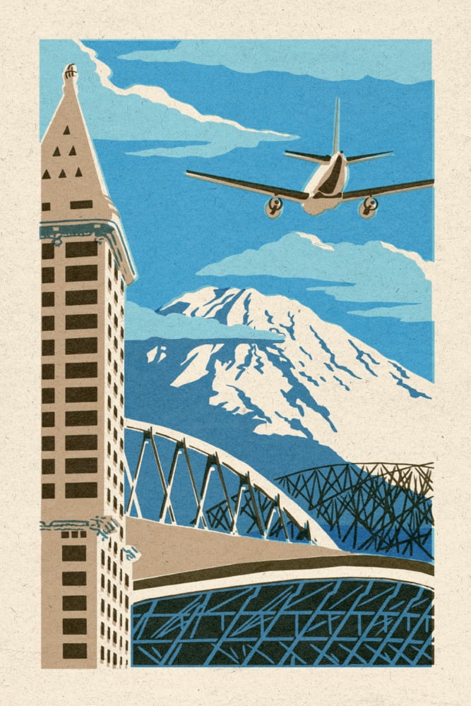 Seattle, Washington, Rainier and Stadiums, Woodblock (12x18 Wall Art ...