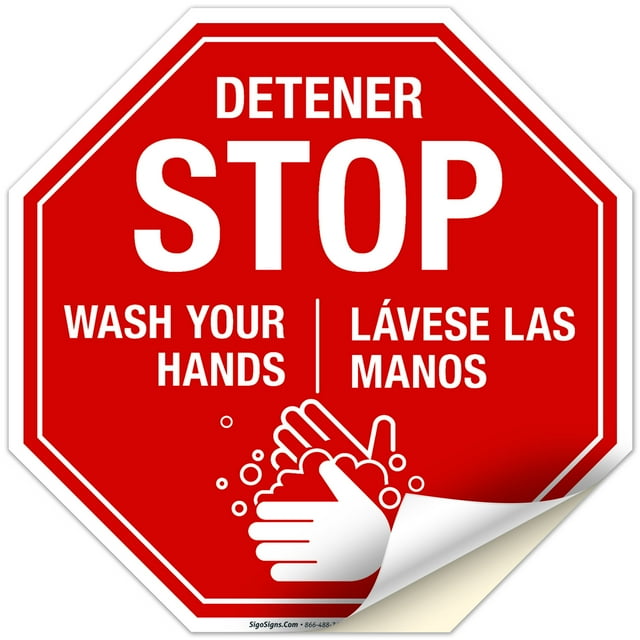 Stop Wash Your Hands Sign, Bilingual Hand Washing Sign, 12x12 Vinyl ...