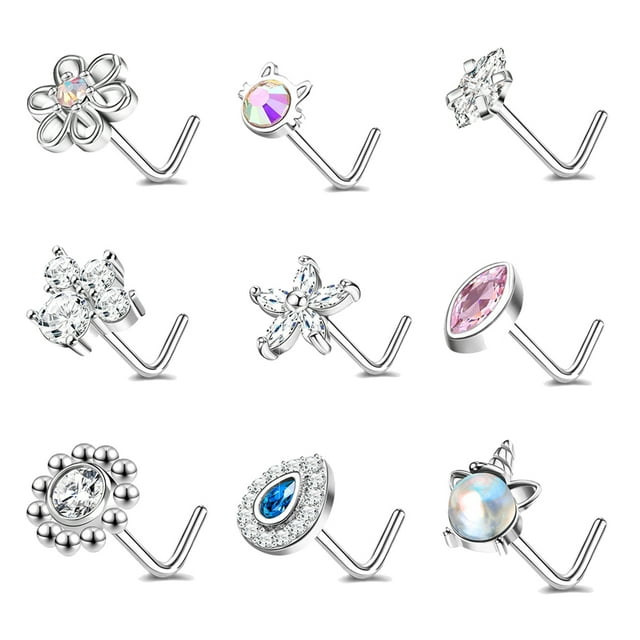 ZS 9Pcs/Set 20g AB White Crystal Nose Ring Piercing Mix Flower Heart ...