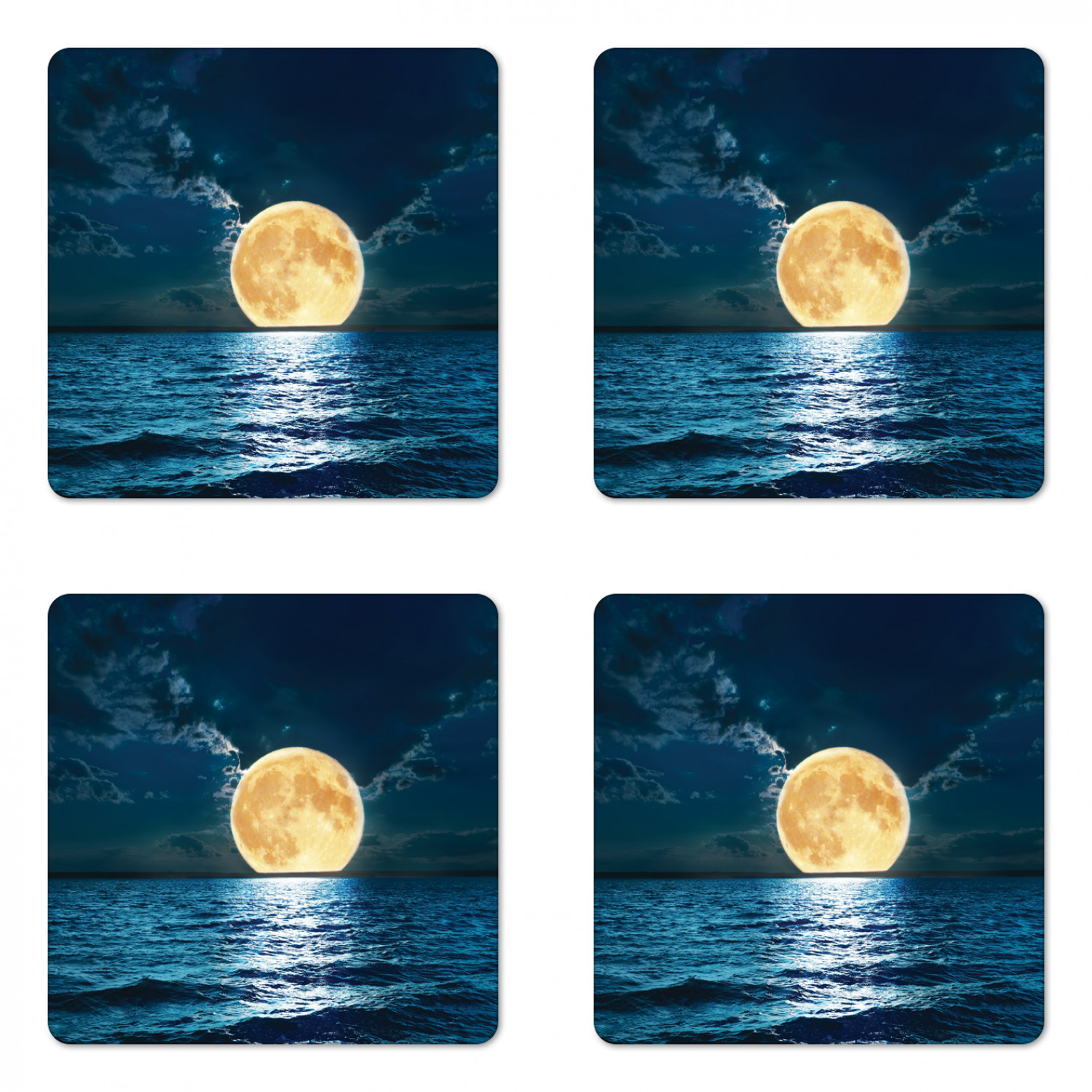 Ocean Coaster Set of 4, Super Moon over Ocean Surface Midnight View ...