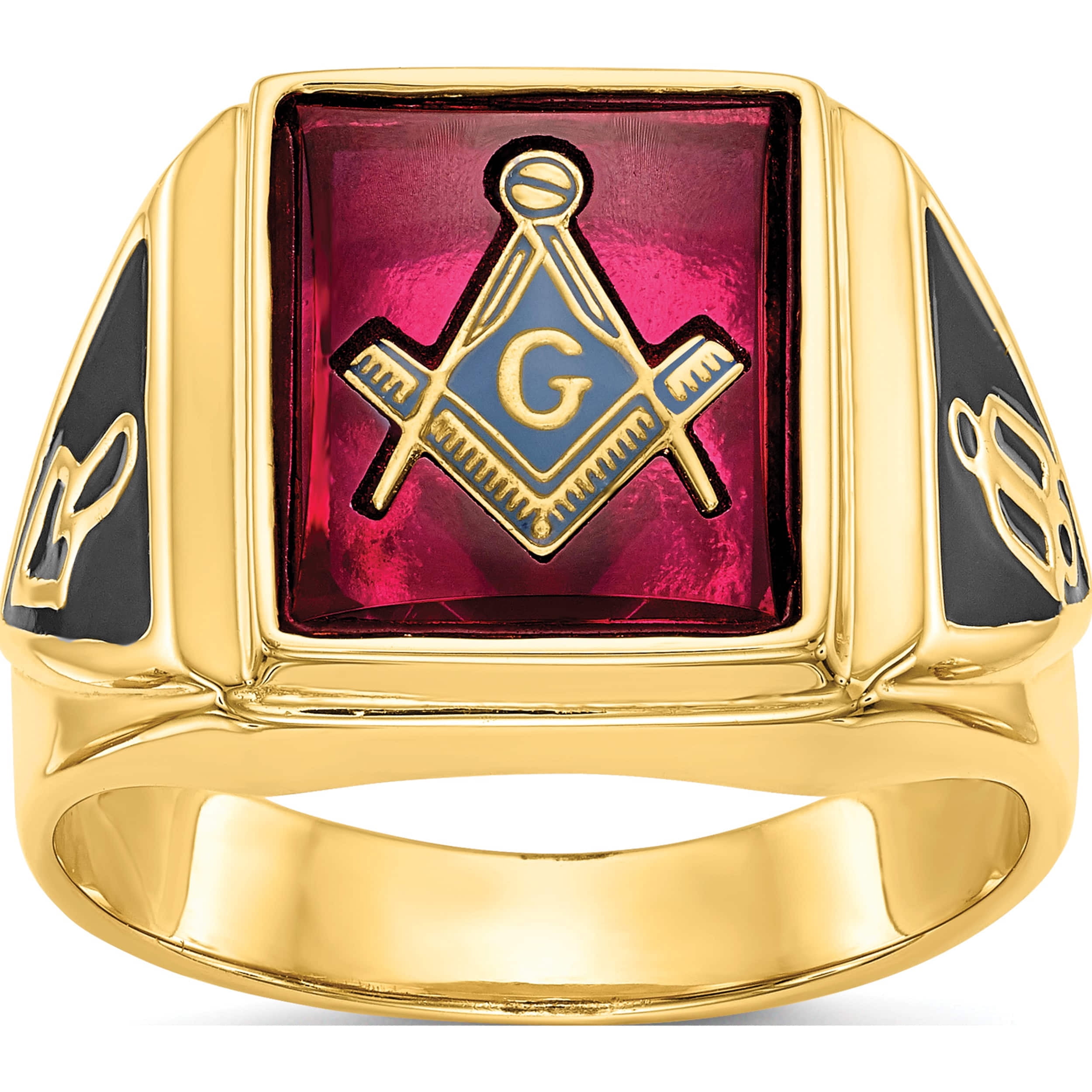 14K Yellow Gold Men's Synthetic Ruby Masonic Ring (Size 10) Made In ...