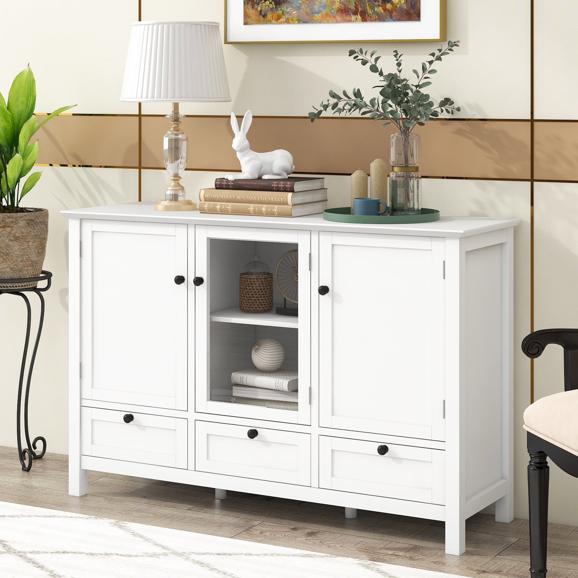 Modern Accent Storage Cabinet with Doors and Drawers, Wood Floor ...