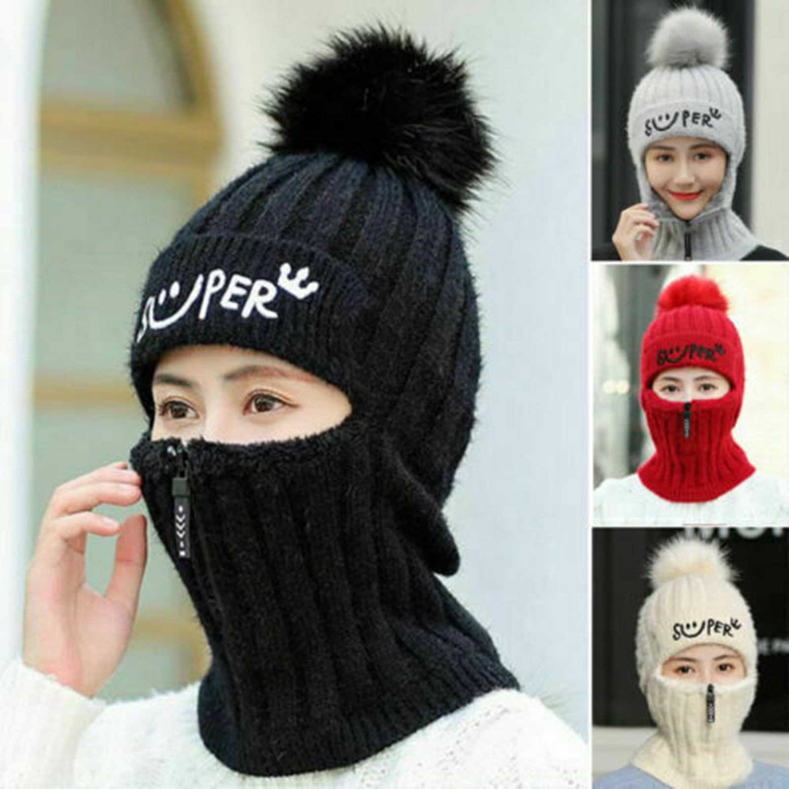 SPRING PARK Women Winter Casual Thick Knitted Woolen Warmth Zipper Cap ...