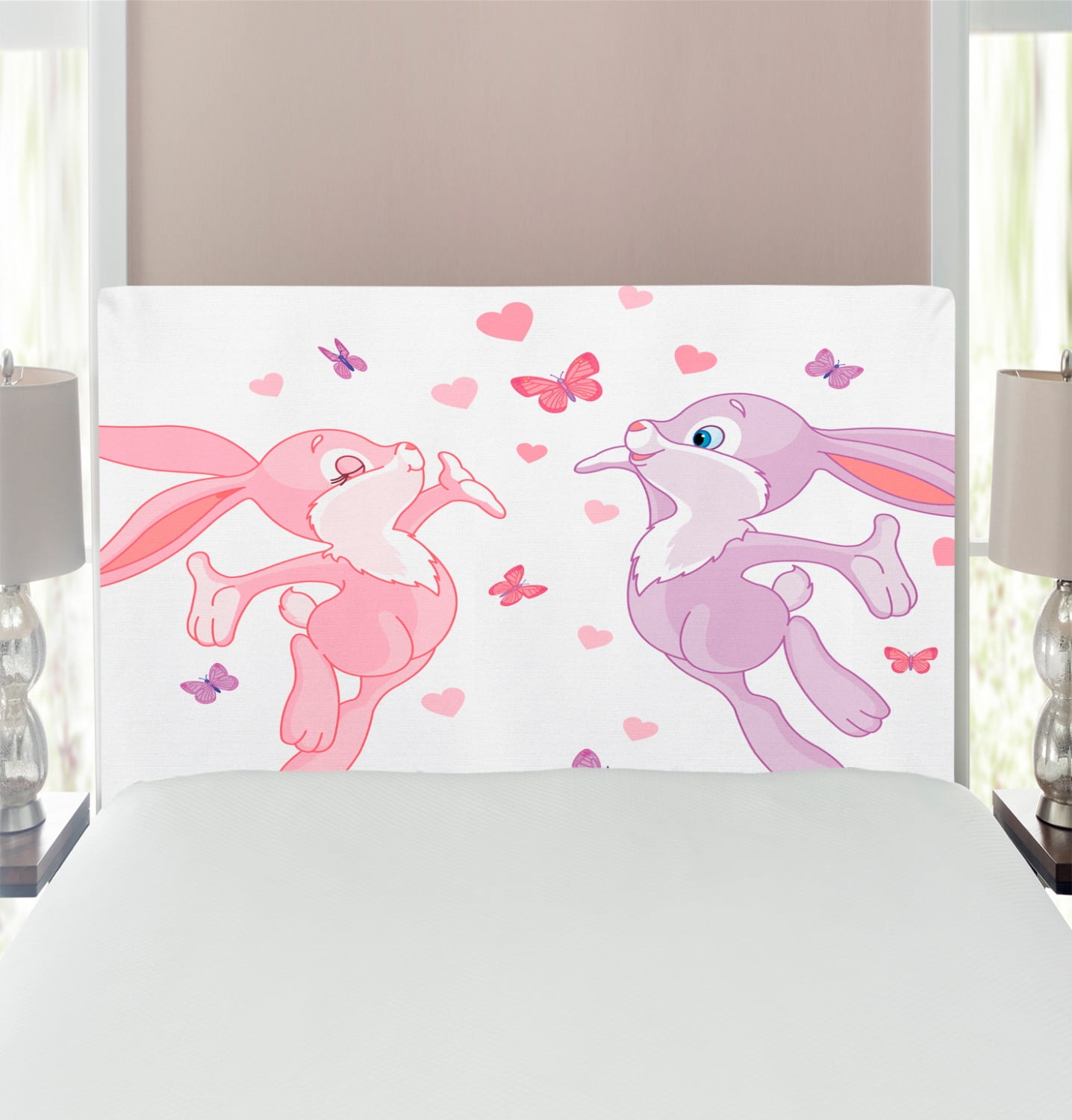 Butterfly Headboard, Valentine Bunnies Kissing in Air with Love Hearts ...