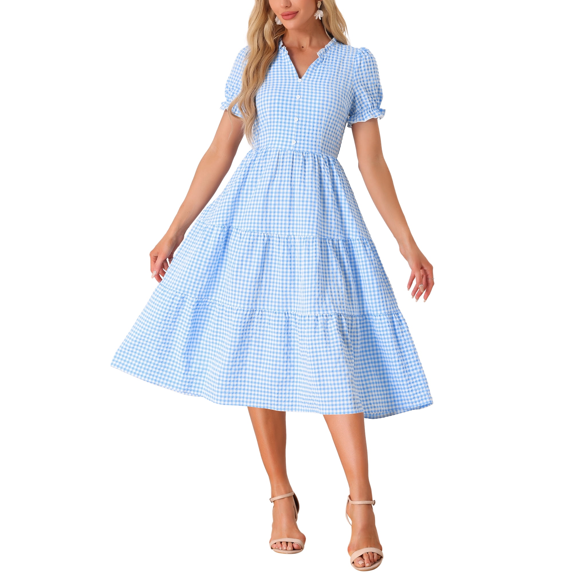 Click here for Inspire Chic Womens Gingham Dress Summer Ruffle Tr... prices