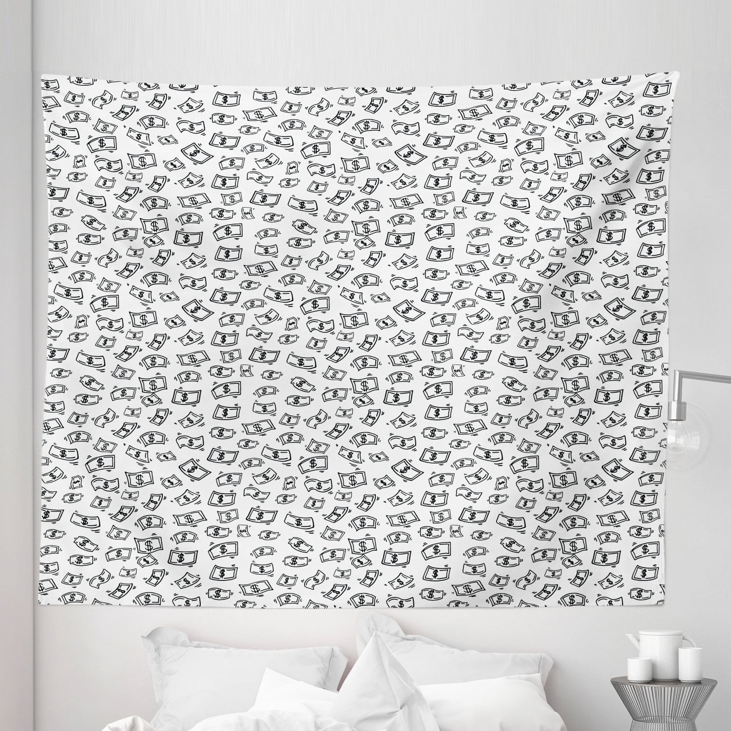Money Tapestry, Sketch Style Monochrome Raining Dollar Bills Cash Money ...
