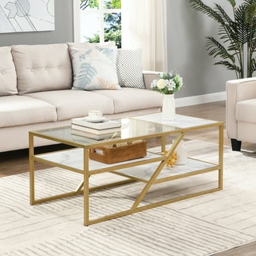 Rectangular Coffee Table, Tempered Glass Side Table with Metal Frame ...