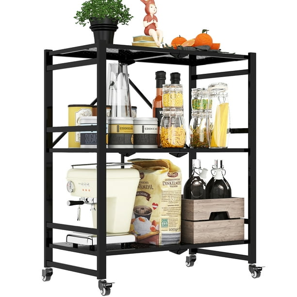 Cubespace 3-Tier Foldable Storage Shelves with Wheels, Metal Folding ...