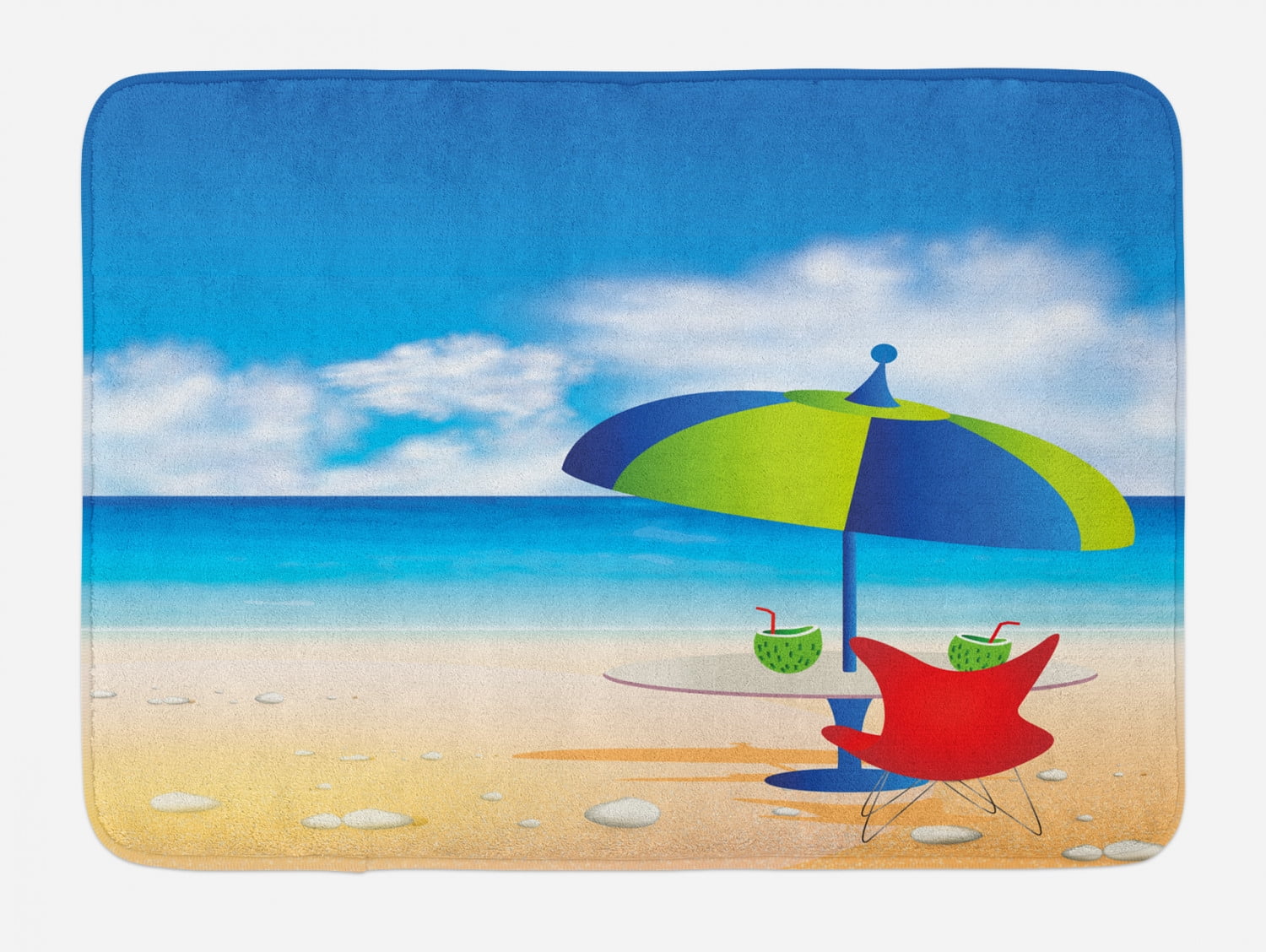 Beach Bath Mat, Relaxing Scene with Umbrella and Drinks Open Skyline ...
