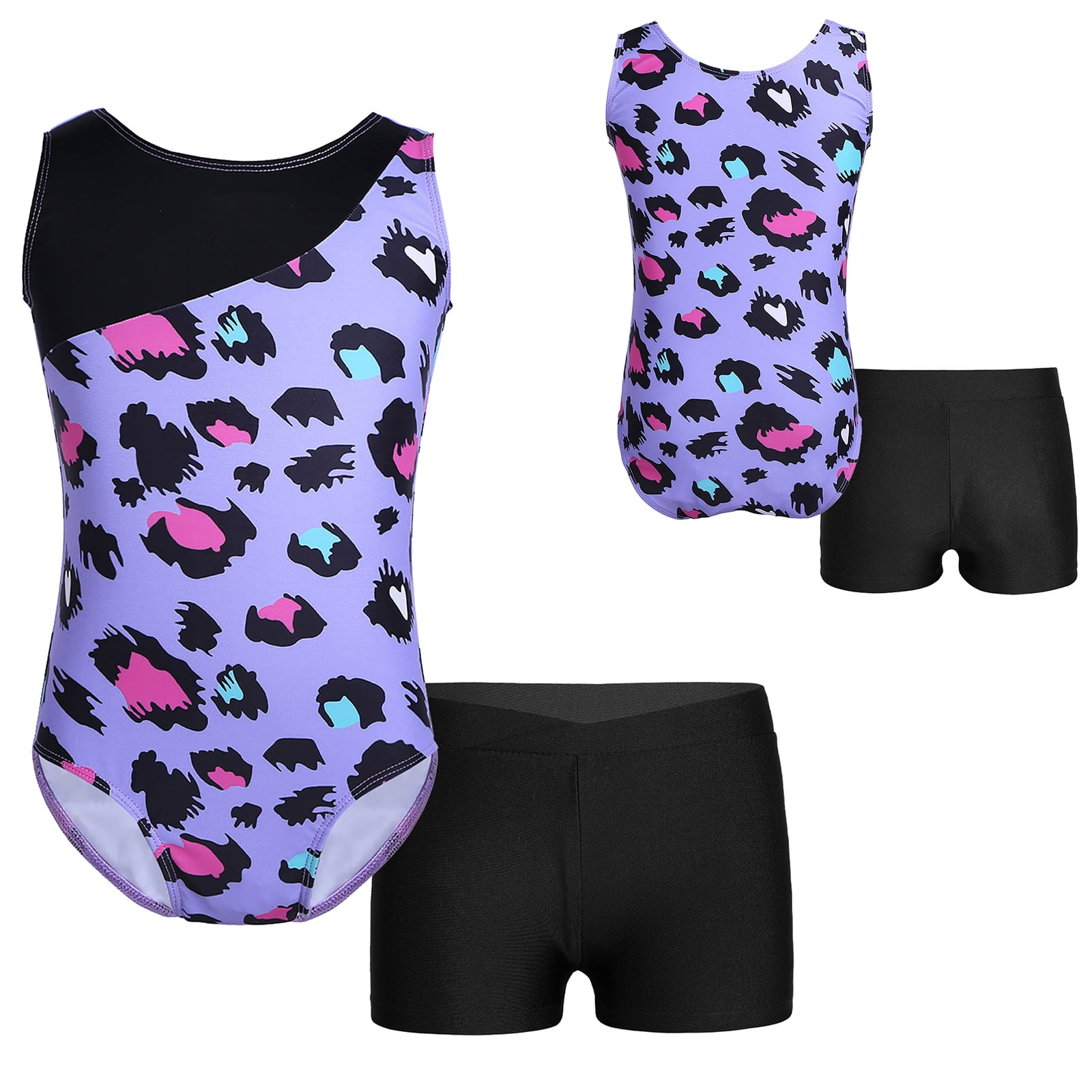 DPOIS Kids Girls Colorful Leopard Gymnastics Leotard with Shorts ...