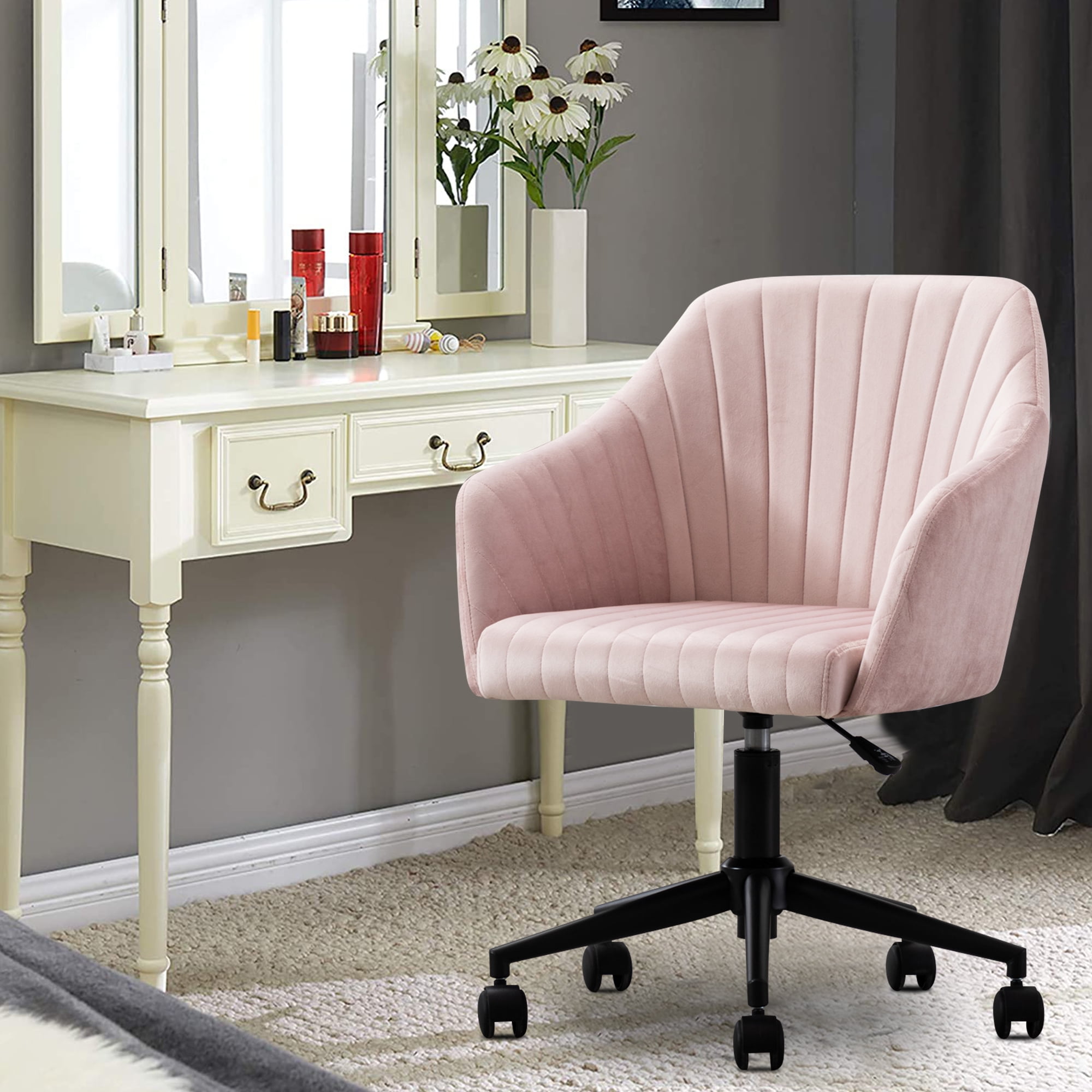 SYNGAR Tufted Vanity Chair with Wheels, 360° Swivel Upholstered ...