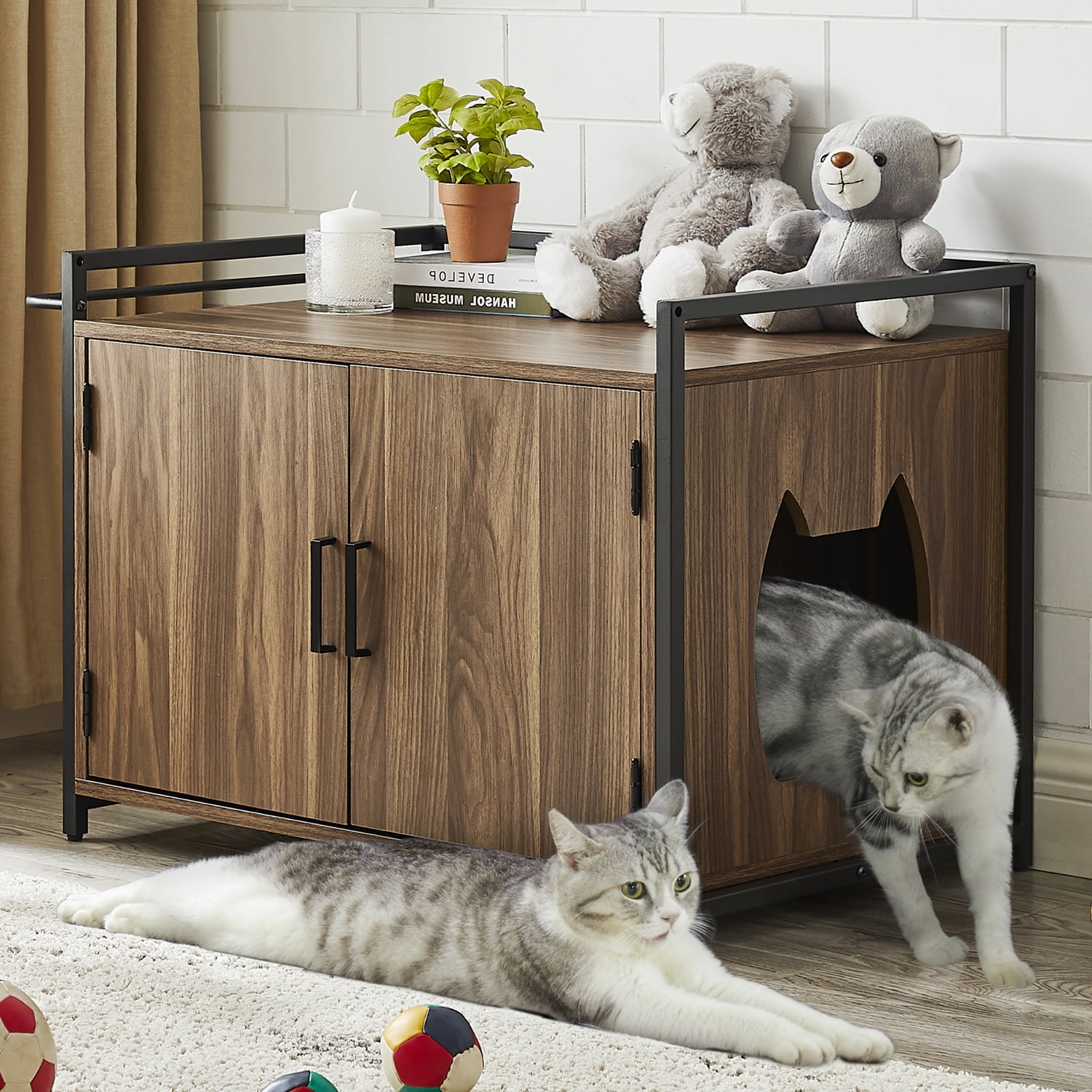 Wooden Cat Litter Box Enclosure with Metal Frame, Nightstand Pet House ...