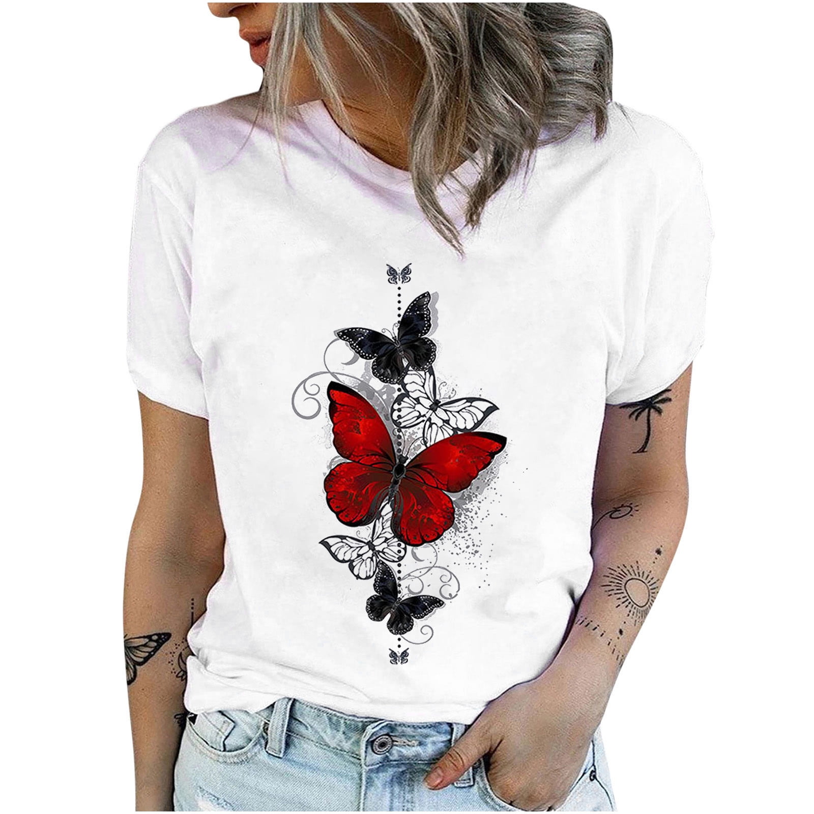 Click here for Cehvom Women Crewneck Butterfly Print T-Shirts Pri... prices