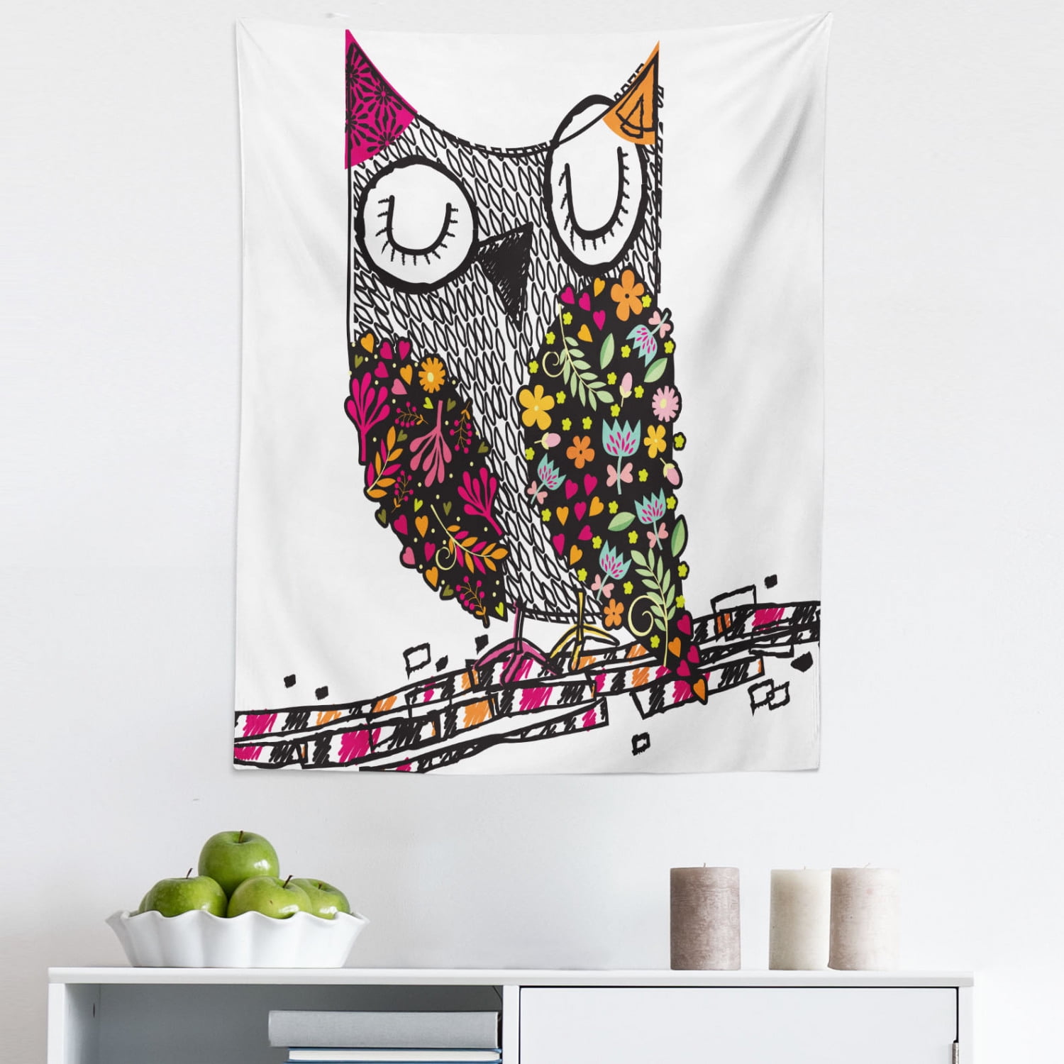Owl Tapestry, Sketch Art of Bird with Colorful Flowers Abstract ...