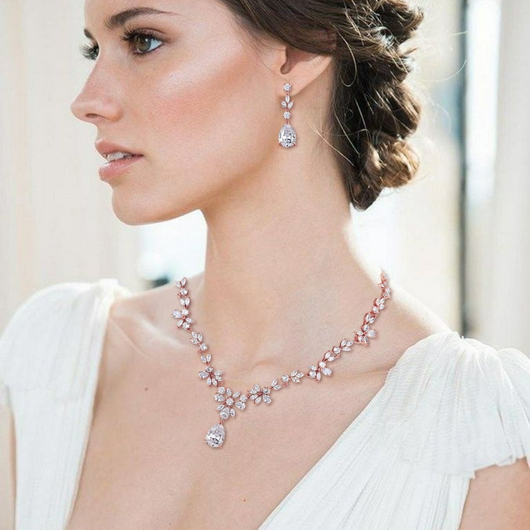 Wedure Bridal Jewelry Set for Bride Bridesmaid Rose Gold Plated Flower Leaf White Cubic Zirconia Necklace Earrings Bracelet Set for Wedding Party